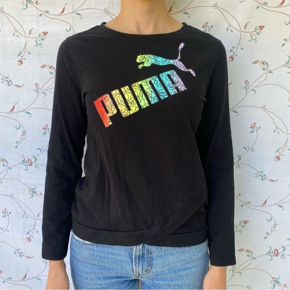 Puma | Shirts & Tops | Puma Black Long Sleeve Top With Rainbow Logo ...